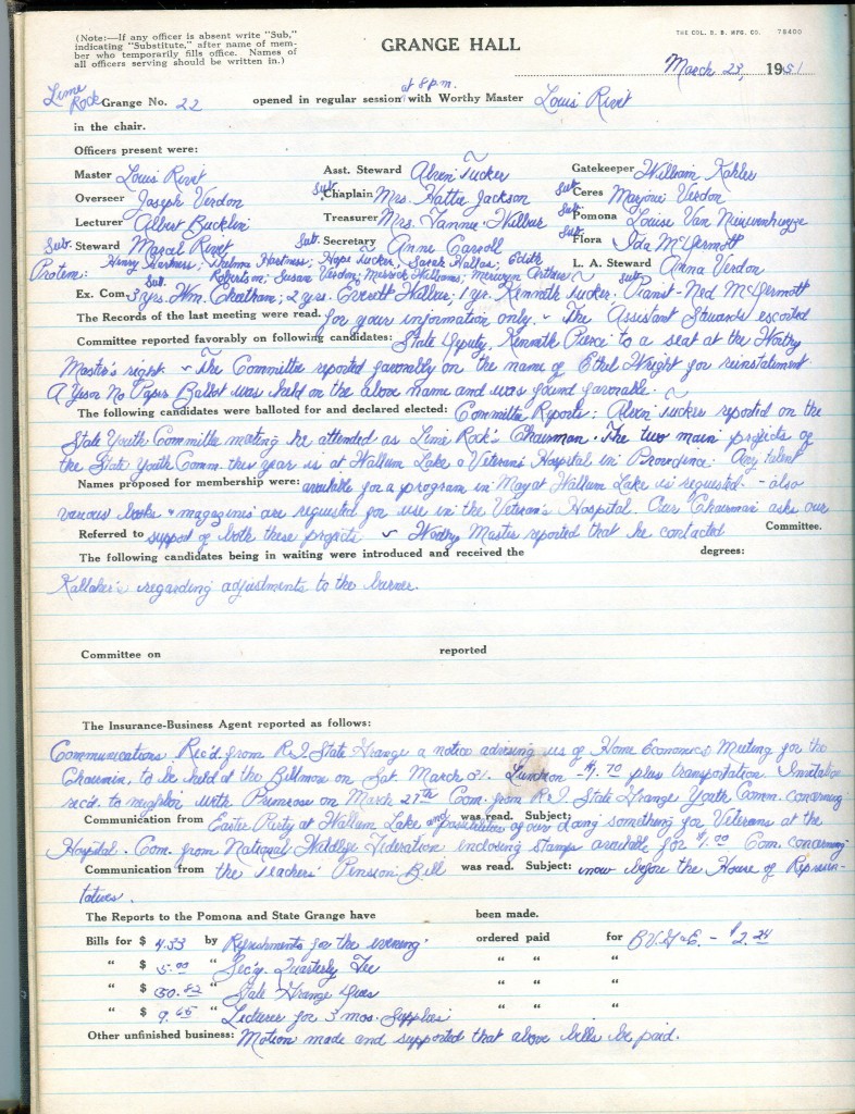Subordinate Grange Record Book-Entry March 23 1951 – Blackstone Valley ...